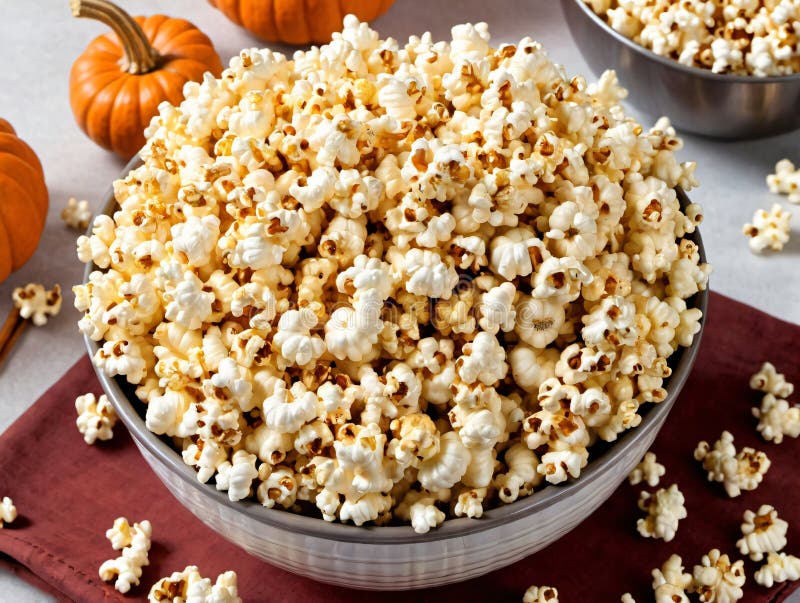 A Bowl of Popcorn with a Red Napkin and Pumpkins in the Background ...