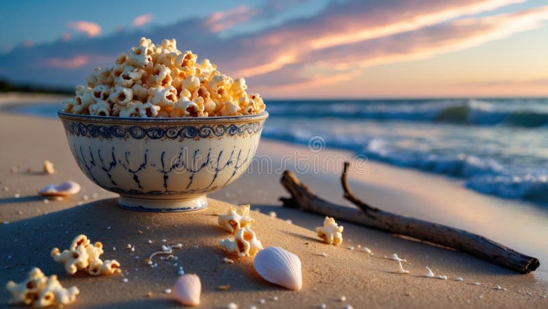 Romantic Sunset Beach Popcorn Scene Stock Illustration - Illustration ...