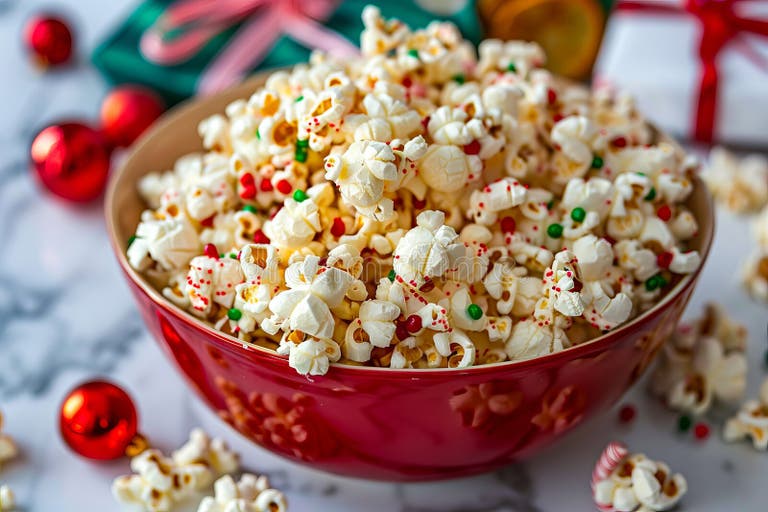 A Bowl of Popcorn with Sprinkles and Christmas Decorations Stock Photo ...