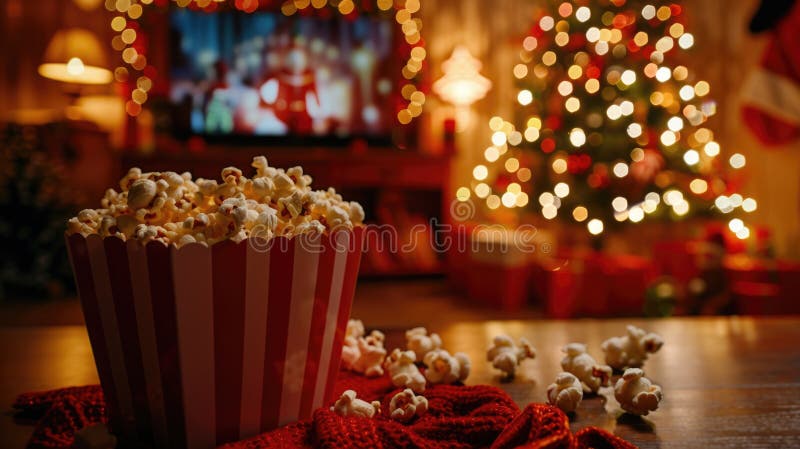 A Bowl of Popcorn on a Table in Front of a Christmas Tree. Perfect for ...