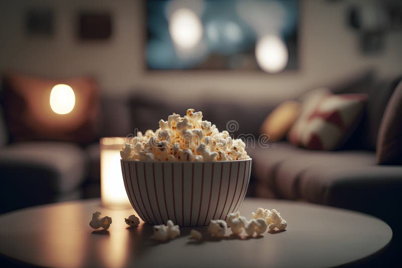 Bowl of Popcorn on the Table in the Living Room at Night Stock ...