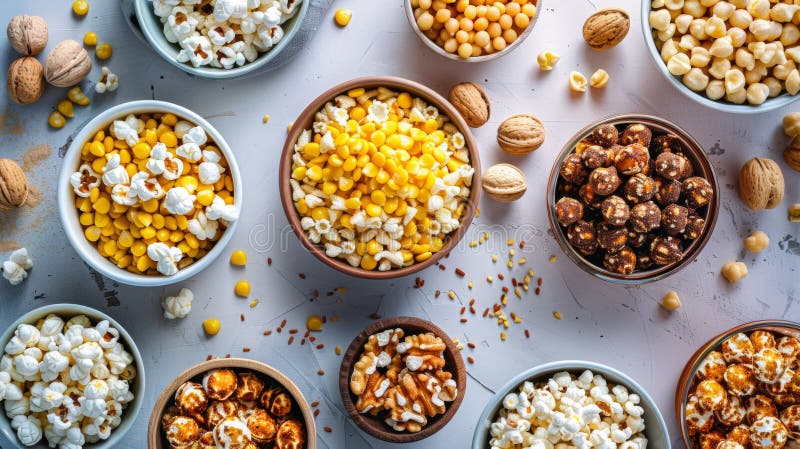 Bowl of Popcorn Varieties with Nuts and Grains on Light Background ...