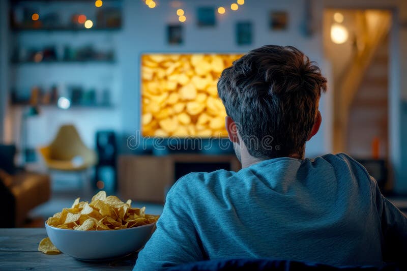 Bowl of Potato Chips in Front of TV Screen. Watching Television at Home ...