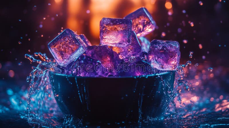 A Bowl of Purple Ice Cubes, Immersed in Water, Creates a Refreshing and ...