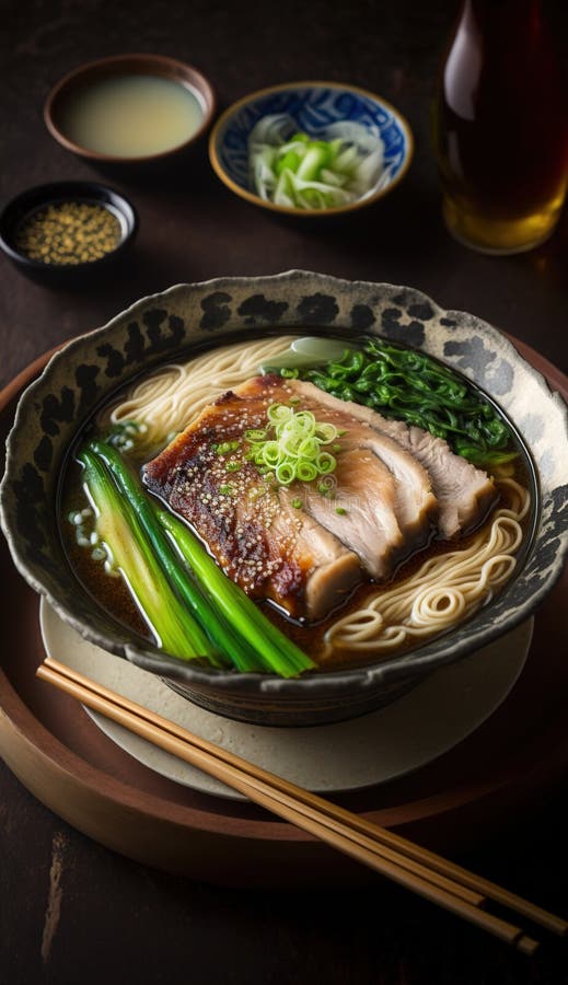 A Bowl of Ramen with Meat and Vegetables on a Plate. Stock Image ...