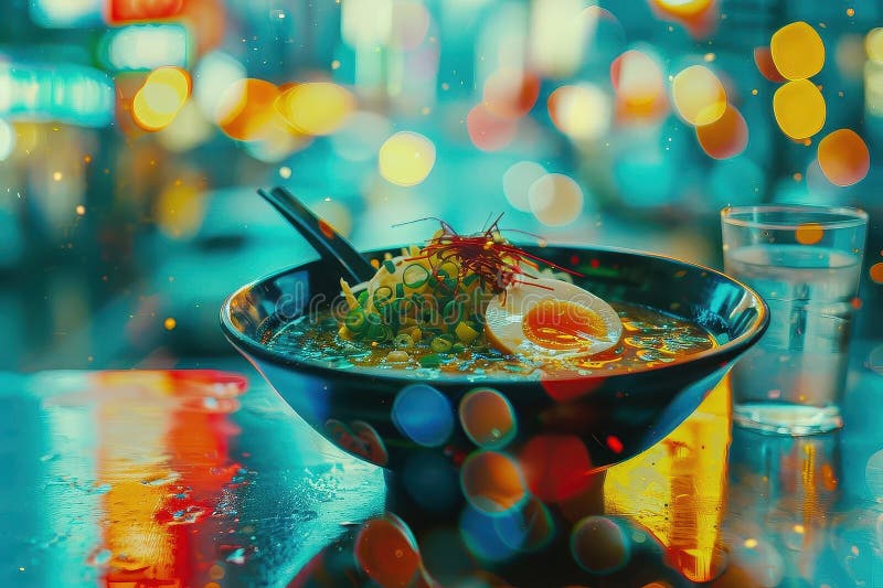 A Bowl of Ramen Under Neon Lights Stock Illustration - Illustration of ...