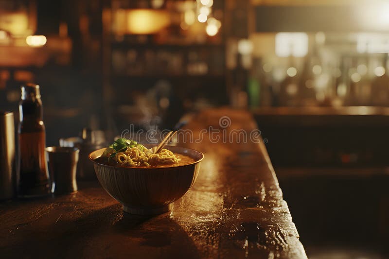 Bowl with Ramen on a Wooden Counter, Generative AI Stock Illustration ...
