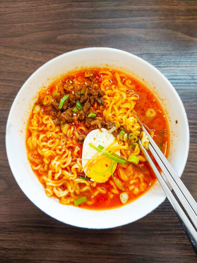Ramyeon Hot and Spicy Noodle on a Rainy Day Stock Image - Image of ...