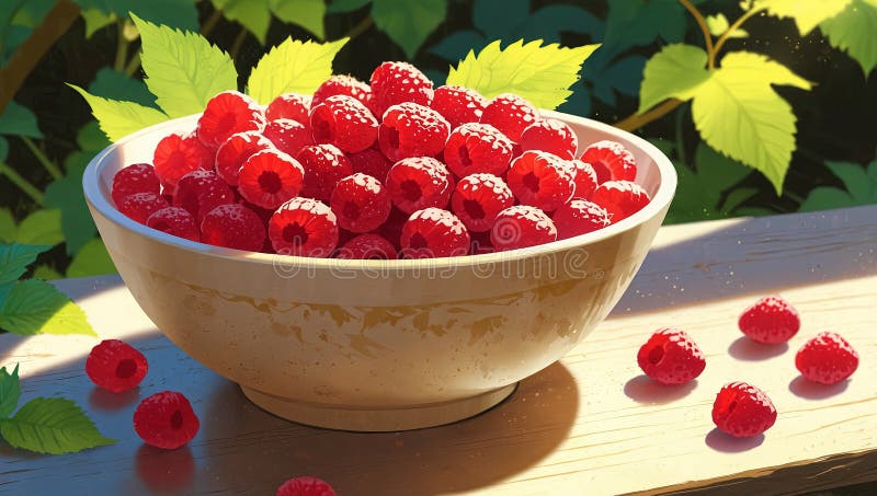 A Bowl of Raspberries on a Table Under Sunlight Filtering through Tree ...