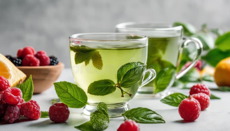 A Bowl of Raspberries and Two Cups of Tea Stock Illustration ...