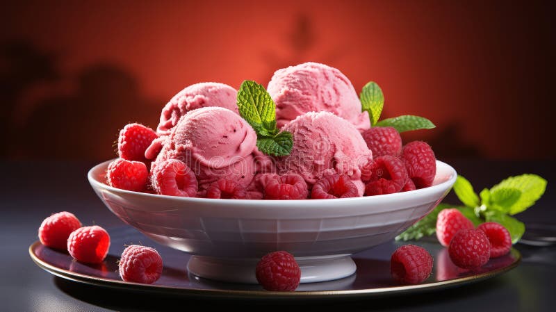 A Bowl of Raspberry Ice Cream with Raspberries. Generative AI. Stock ...
