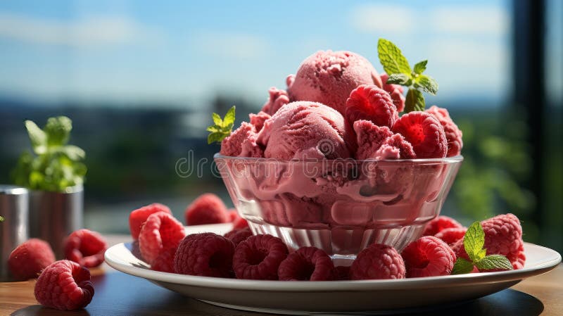 A Bowl of Raspberry Ice Cream with Raspberries. Generative AI. Stock ...