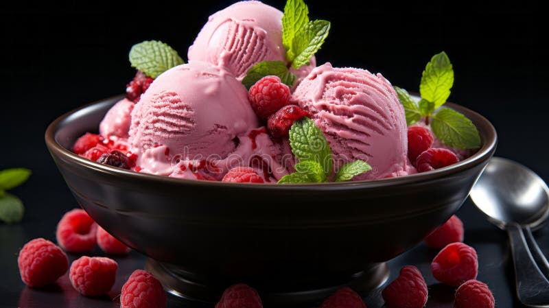 A Bowl of Raspberry Ice Cream with Raspberries. Generative AI. Stock ...