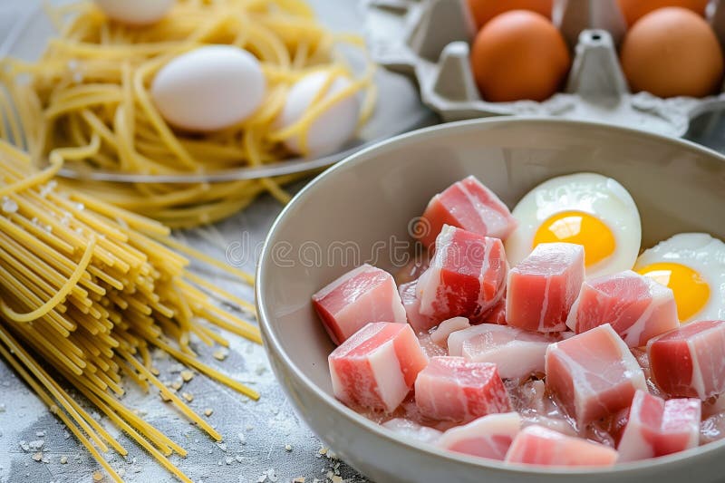 Bowl of Raw Cubed Pancetta with Eggs and Spaghetti Nests Around it ...
