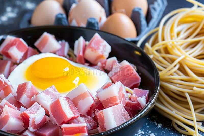 Bowl of Raw Cubed Pancetta with Eggs and Spaghetti Nests Around it ...