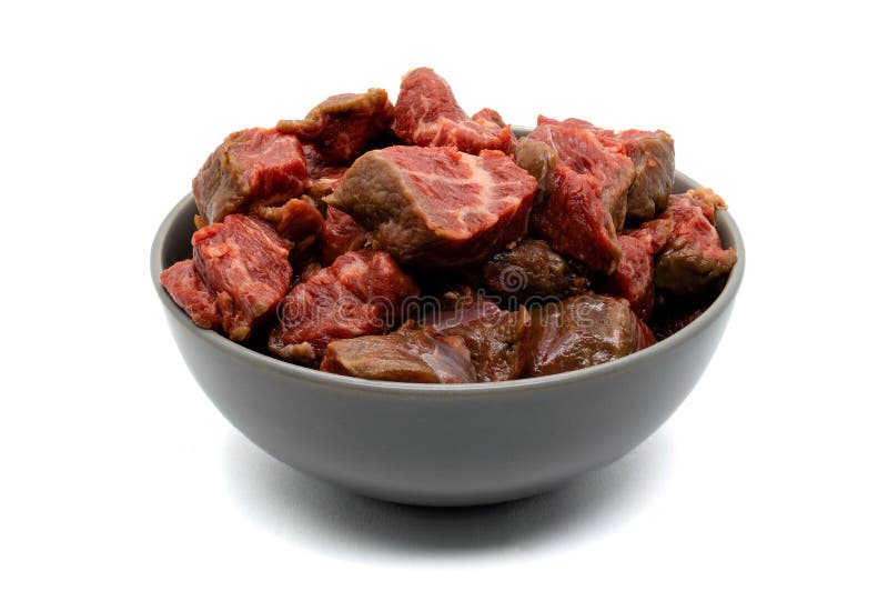 Bowl of Diced Red Meat Isolated on White Background Stock Image - Image ...