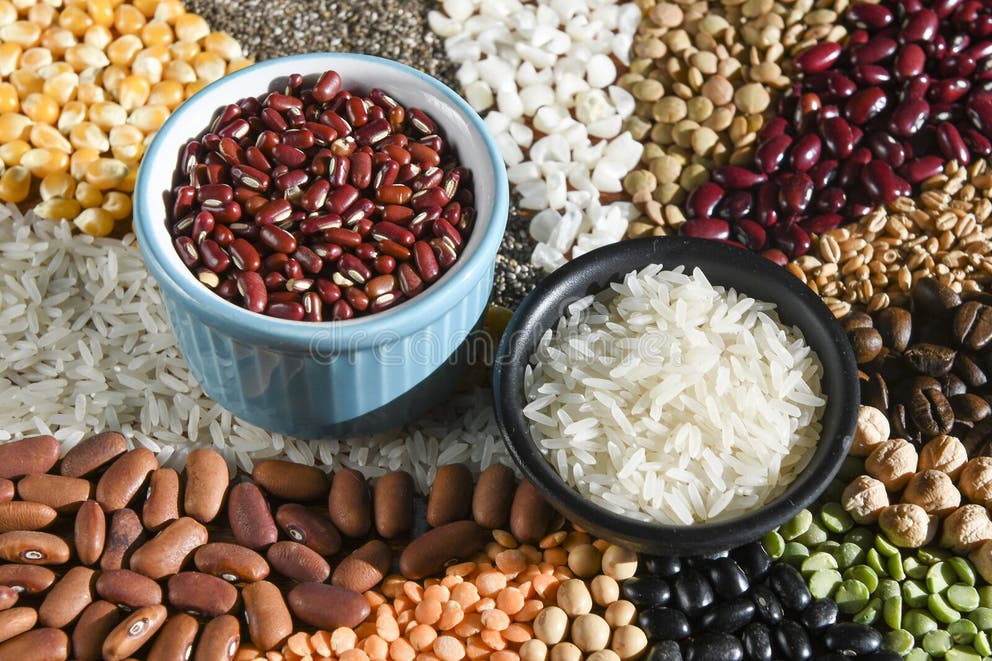Bowl with Raw White Rices and Beans on Various Seeds Grain Stock Photo ...
