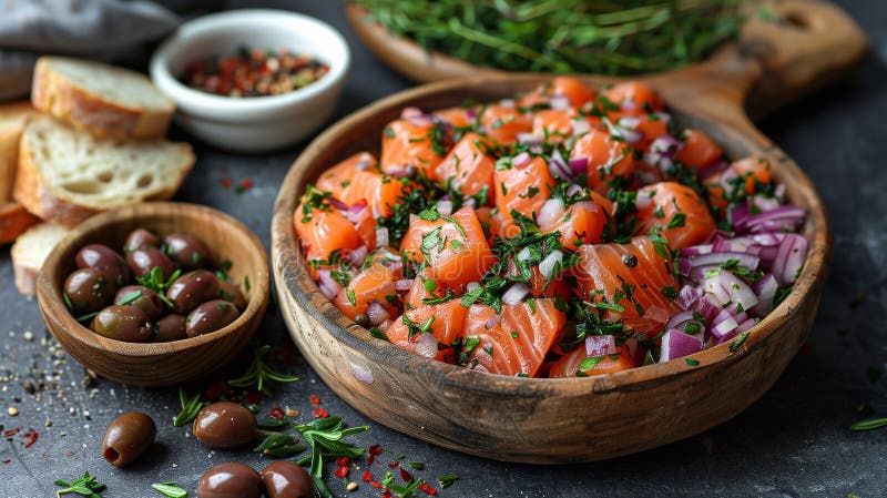 Bowl with Red Fish Slices, Red Onion, Olives, Herbs. Generative AI ...