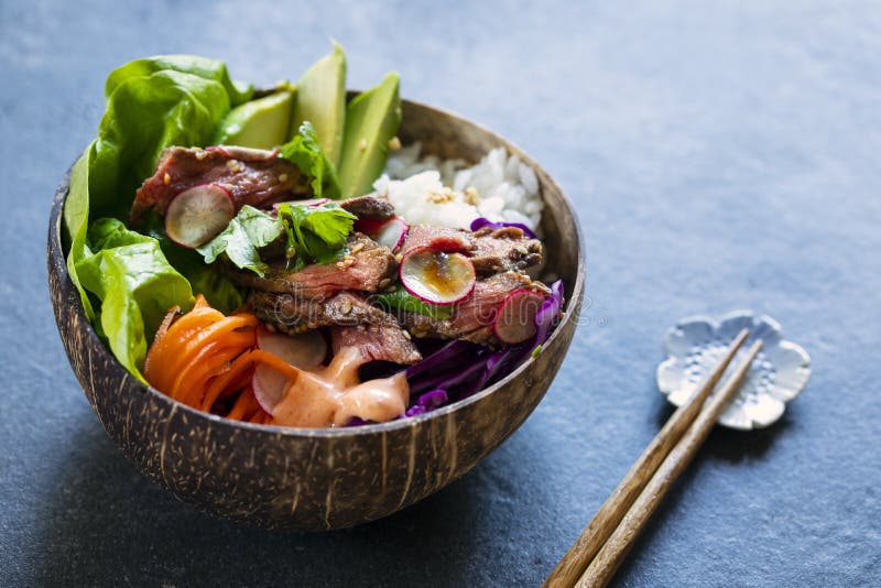 Bowl with Rice, Beef and Vegetable Stock Image - Image of cilantro ...