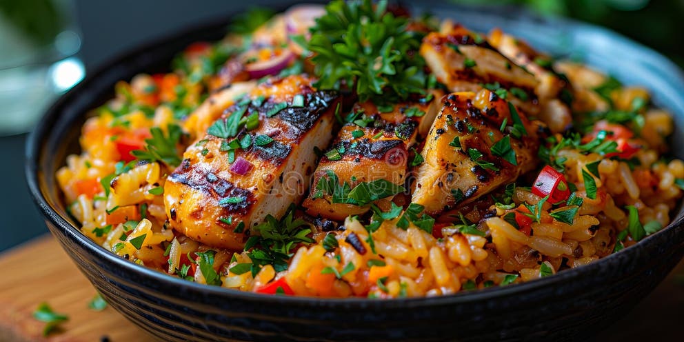 A Bowl of Rice with Chicken and Vegetables Stock Photo - Image of ...