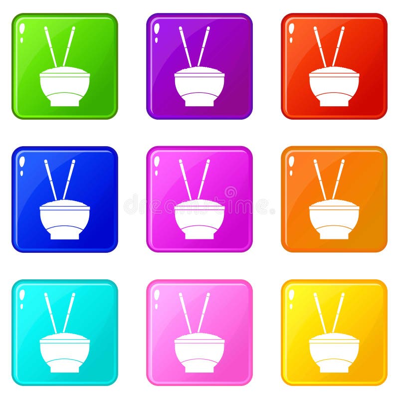 Bowl of Rice with Chopsticks Icons 9 Set Stock Vector - Illustration of ...