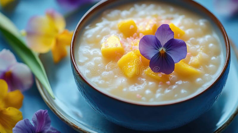 A Bowl of Rice with a Flower on Top Stock Photo - Image of homemade ...