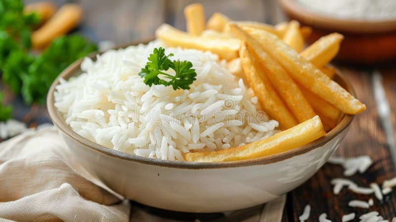 Bowl rice fries table stock photo. Image of wooden, food - 314251284