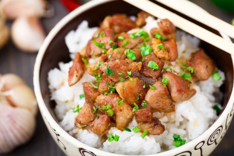 Bowl of rice with meat stock image. Image of meal, meat - 36655671