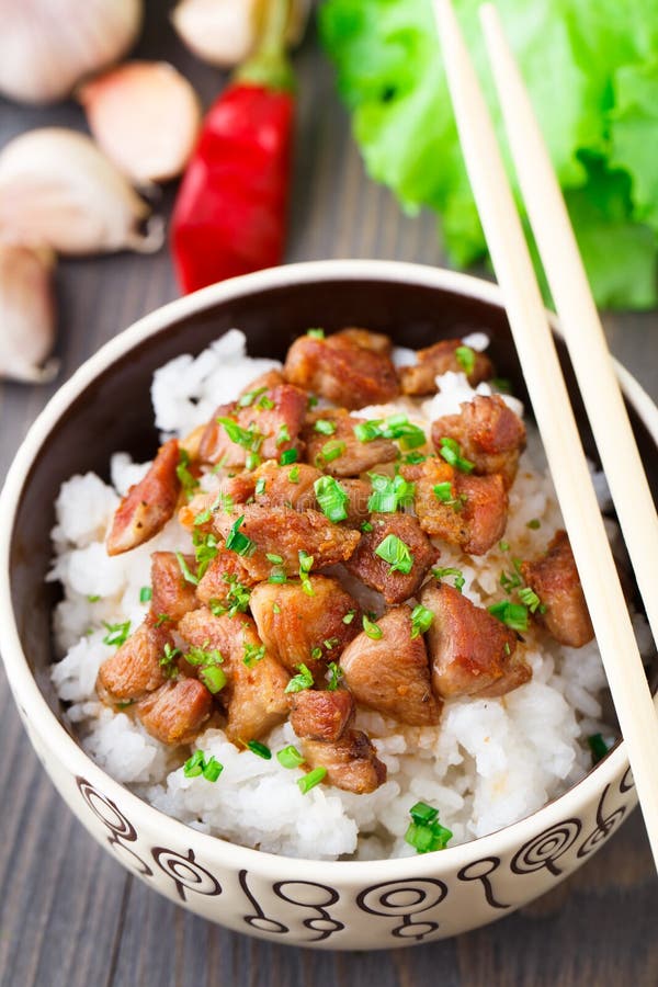 Bowl of rice with meat stock photo. Image of lunch, healthy - 36771714