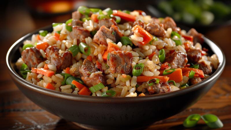 A Bowl of Rice and Meat with Vegetables in it, AI Stock Image - Image ...