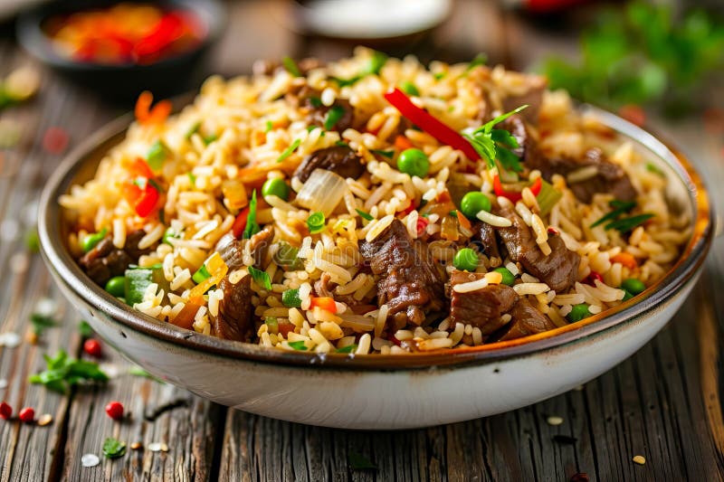 A Bowl of Rice with Meat and Vegetables Stock Photo - Image of fried ...