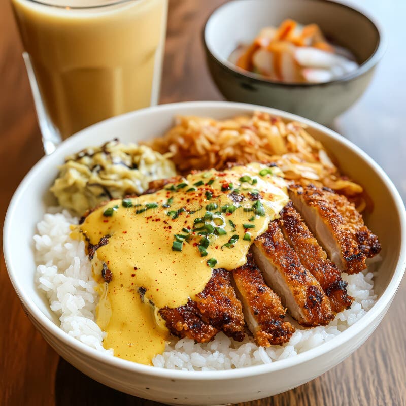Bowl of Rice with a Piece of Meat and Sauce on Top Stock Photo - Image ...