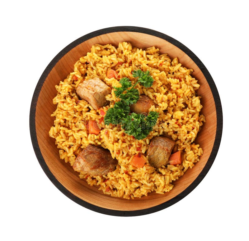 Bowl with Rice Pilaf and Meat on White Background Stock Photo - Image ...