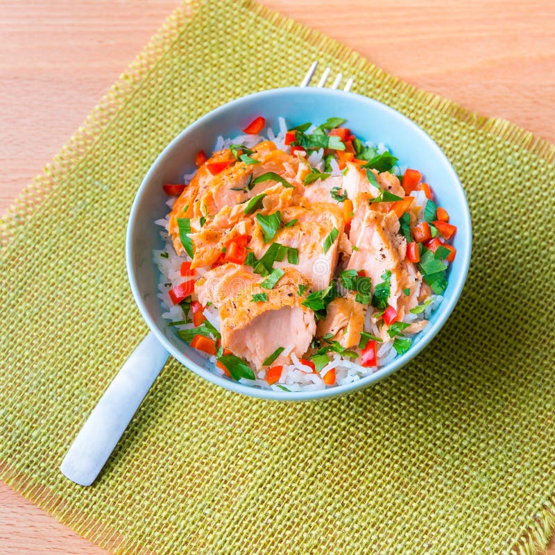 Bowl of Rice with Poached Salmon Stock Photo - Image of lunch, jalapeno ...