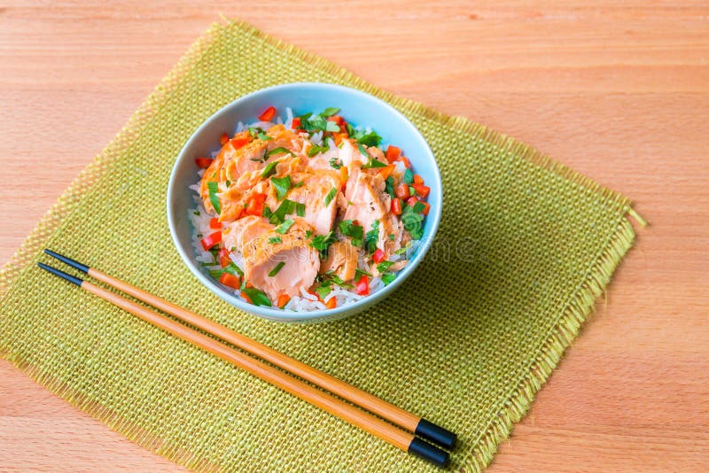 Bowl of Rice with Poached Salmon Stock Image - Image of nutrition, bowl ...