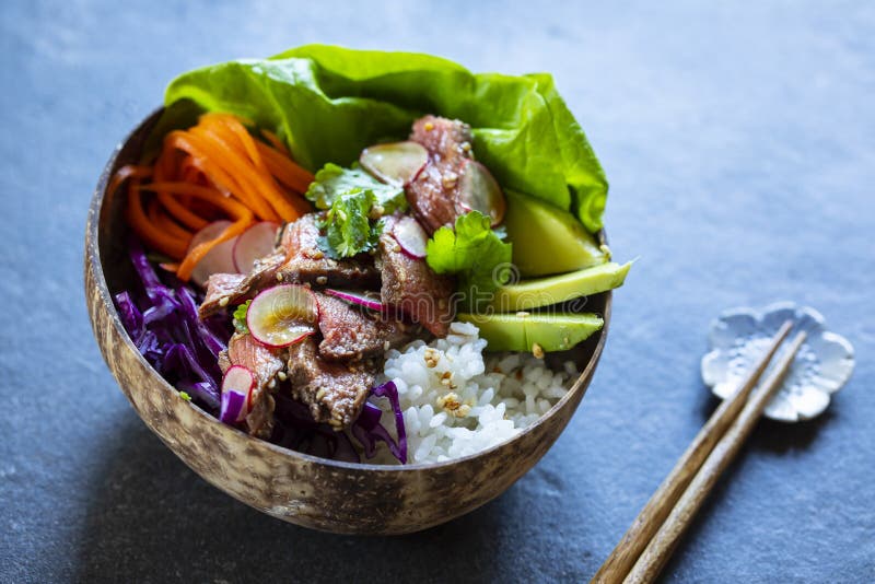 Bowl with Rice, Beef and Vegetable Stock Image - Image of medium, seeds ...