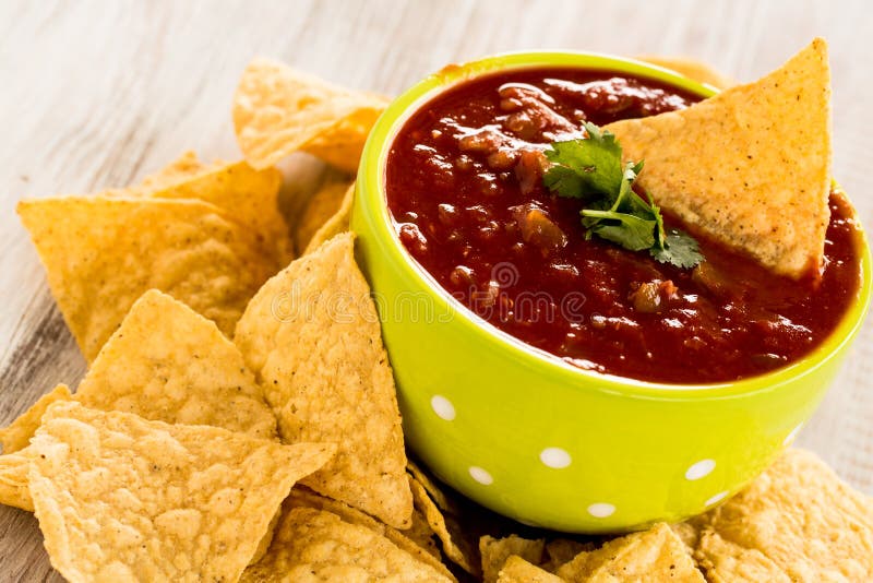 Bowl of Salsa with Cilantro and Tortilla Chips Stock Image - Image of ...