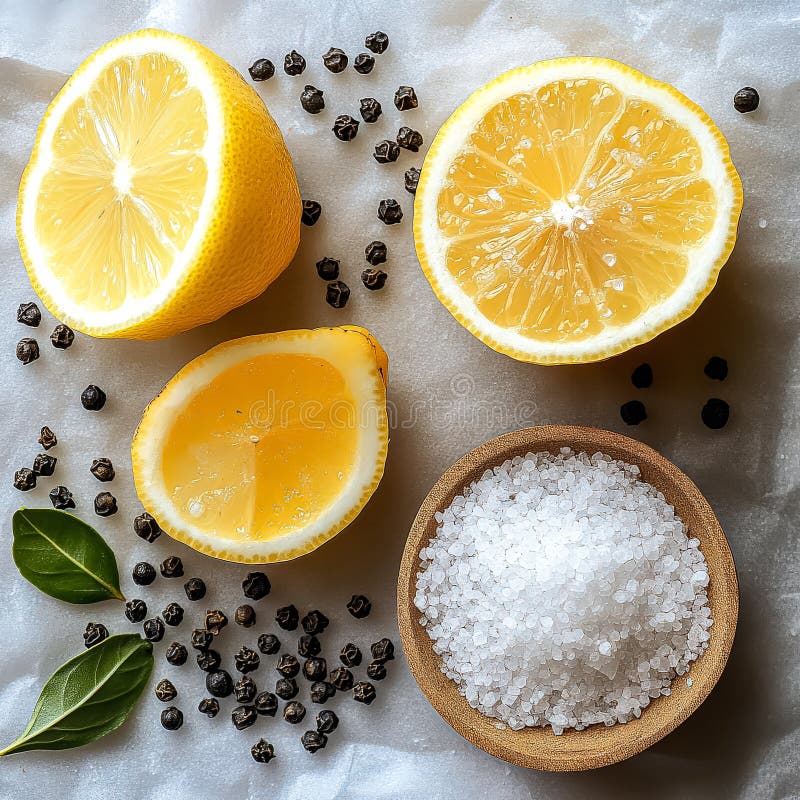 Bowl of Salt and Pepper Sits on a Table with a Lemon and a Lemon Slice ...