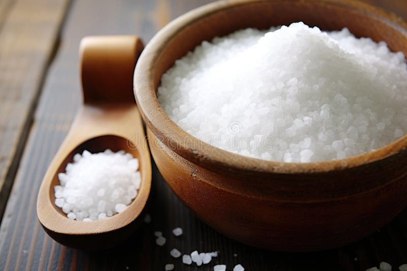A Bowl of Salt on a Wooden Table. the Salt is Coarse and White Stock ...