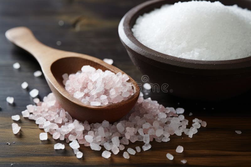 A Bowl of Salt on a Wooden Table. the Salt is Coarse and White Stock ...
