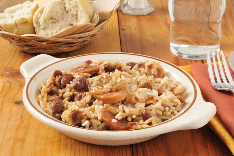 Bowl of Sausage, Beans and Rice Stock Photo - Image of supper, beans ...