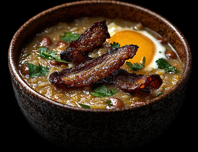 A Bowl of Savory Congee with Crispy Bacon and a Fried Egg. Stock ...