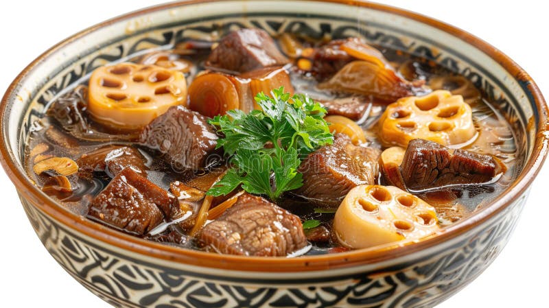 A Bowl of Savory Stew with Beef, Lotus Root, and Herbs Stock ...