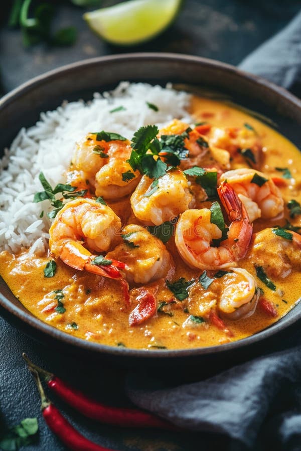 Bowl of Shrimp and Rice with a Red Sauce Stock Image - Image of prawn ...