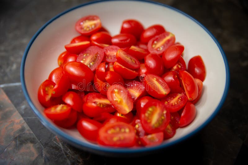 Bowl of Small Sliced Tomatoes Stock Image - Image of organic, mini ...