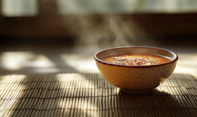 A Bowl of Soup is Sitting on a Bamboo Mat Stock Photo - Image of ...