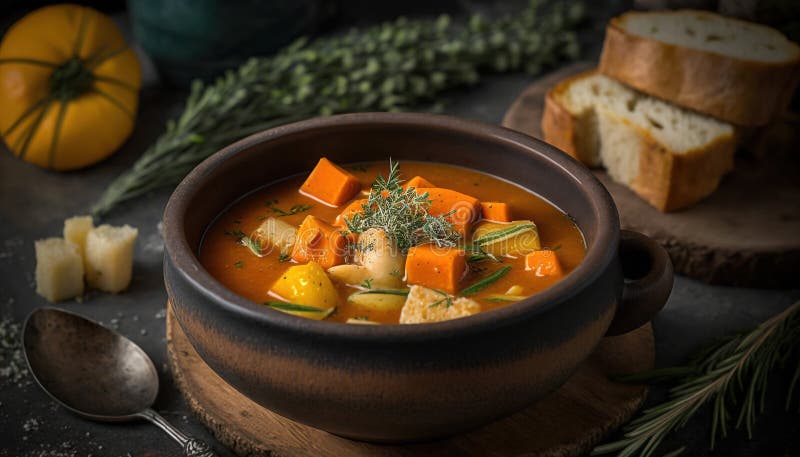 A Bowl of Soup on a Table with Bread and Oranges in the Background and ...