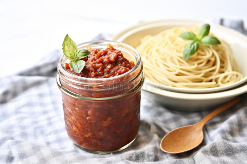 A Bowl of Spaghetti Next To a Jar of Homemade Tomato Sauce Stock ...