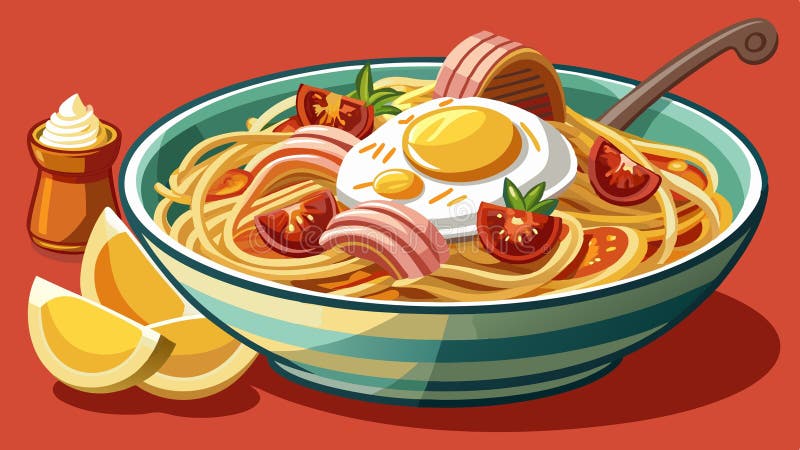 A Bowl of Spaghetti Topped with Crispy Bacon, Cooked Eggs, and Grated ...