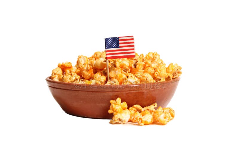 Bowl of Spicy Cheese Popcorn in Bowl with American Flag on White ...